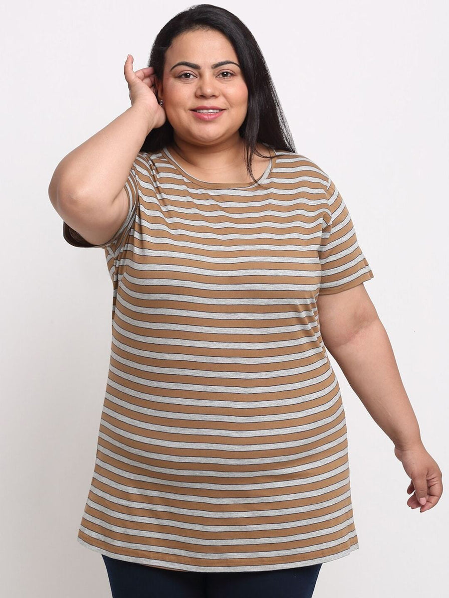 plusS Plus Size Women Brown Grey Striped T-shirt – pluss.in