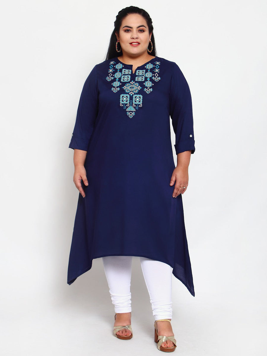 Navy Blue Embroidered Thread Work Kurta – pluss.in