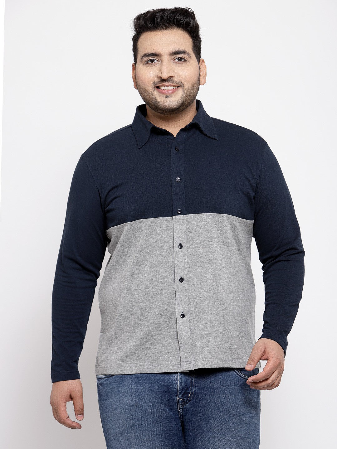 plusS Men Grey Melange Navy Blue Regular Fit Knitted Colourblocked Cas