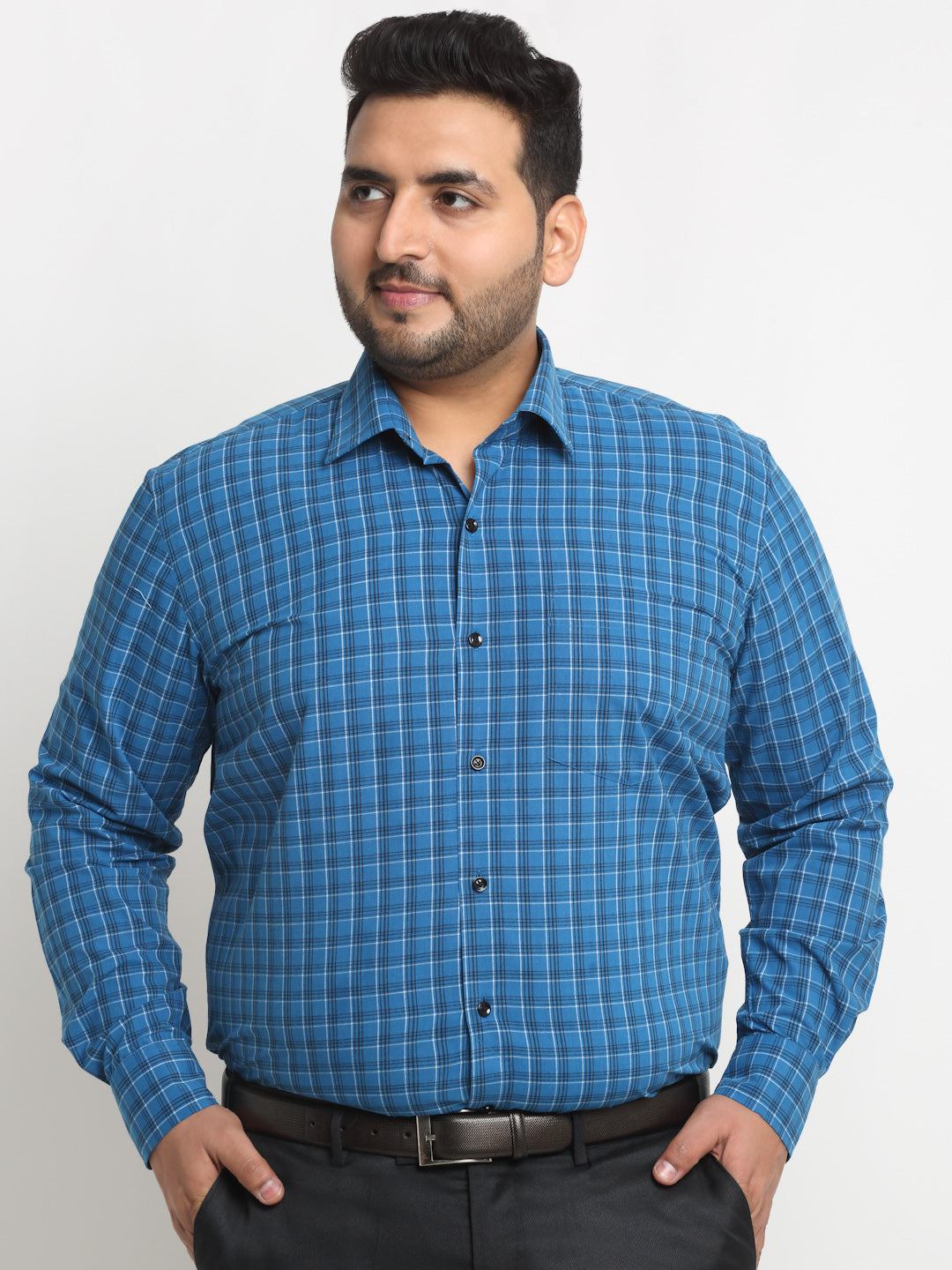 plusS Plus Size Blue Grid Tattersall Checked Opaque Formal Shirt – pluss.in