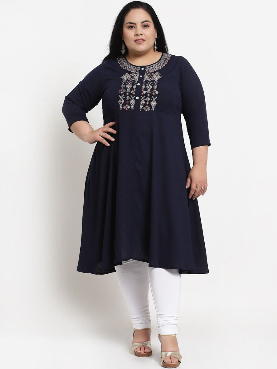plusS Plus Size Women Navy Blue White Thread Work Kurta – pluss.in